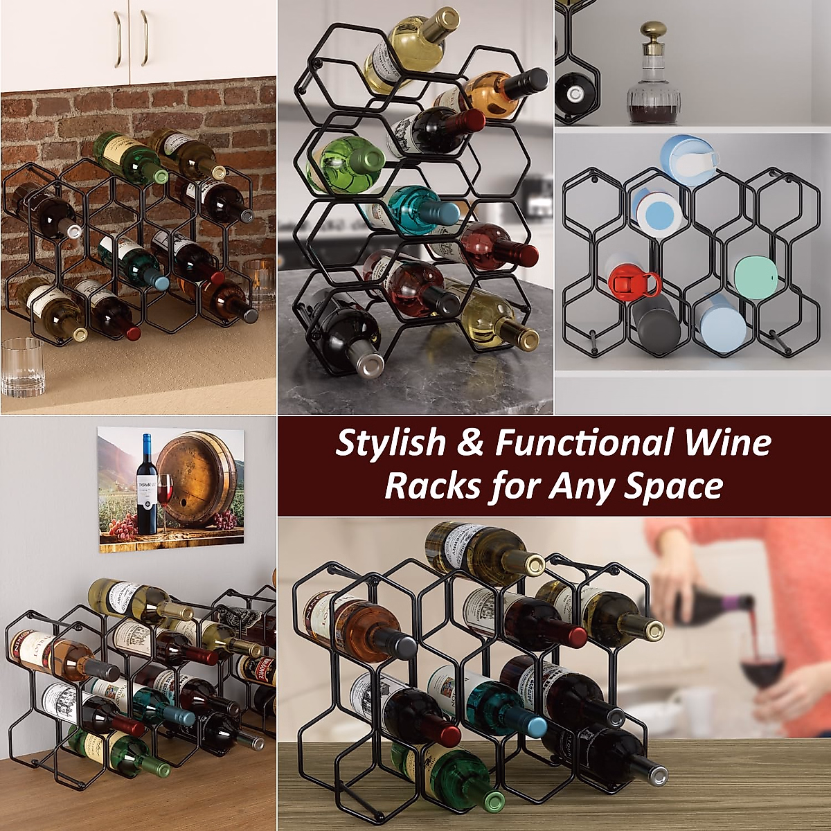 Buruis Countertop Wine Rack, 14-Bottle Modern Freestanding Metal Holder for Red and White Wine, Tabletop, Kitchen, Bar, and Cabinet Storage (Black)