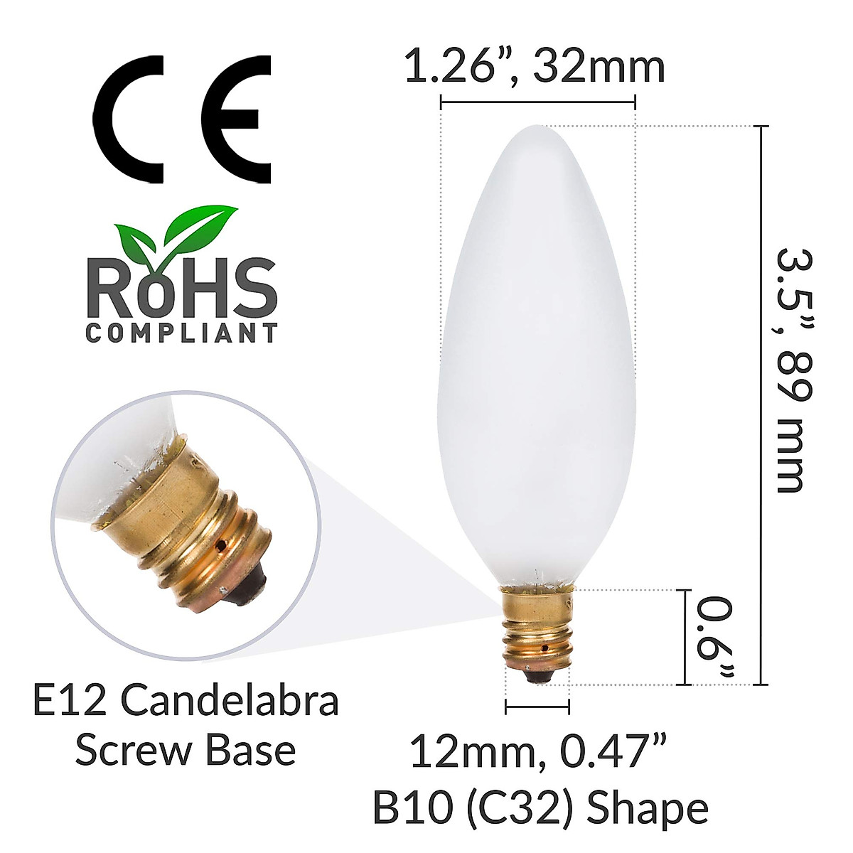 Simba Lighting Candelabra Torpedo Frosted B10 40W E12 Base (12 Pack) Decorative Incandescent Light Bulbs 120V for Chandeliers, Ceiling Fan Lights, Pendants, Wall Sconces, Dimmable, Warm White 2700K