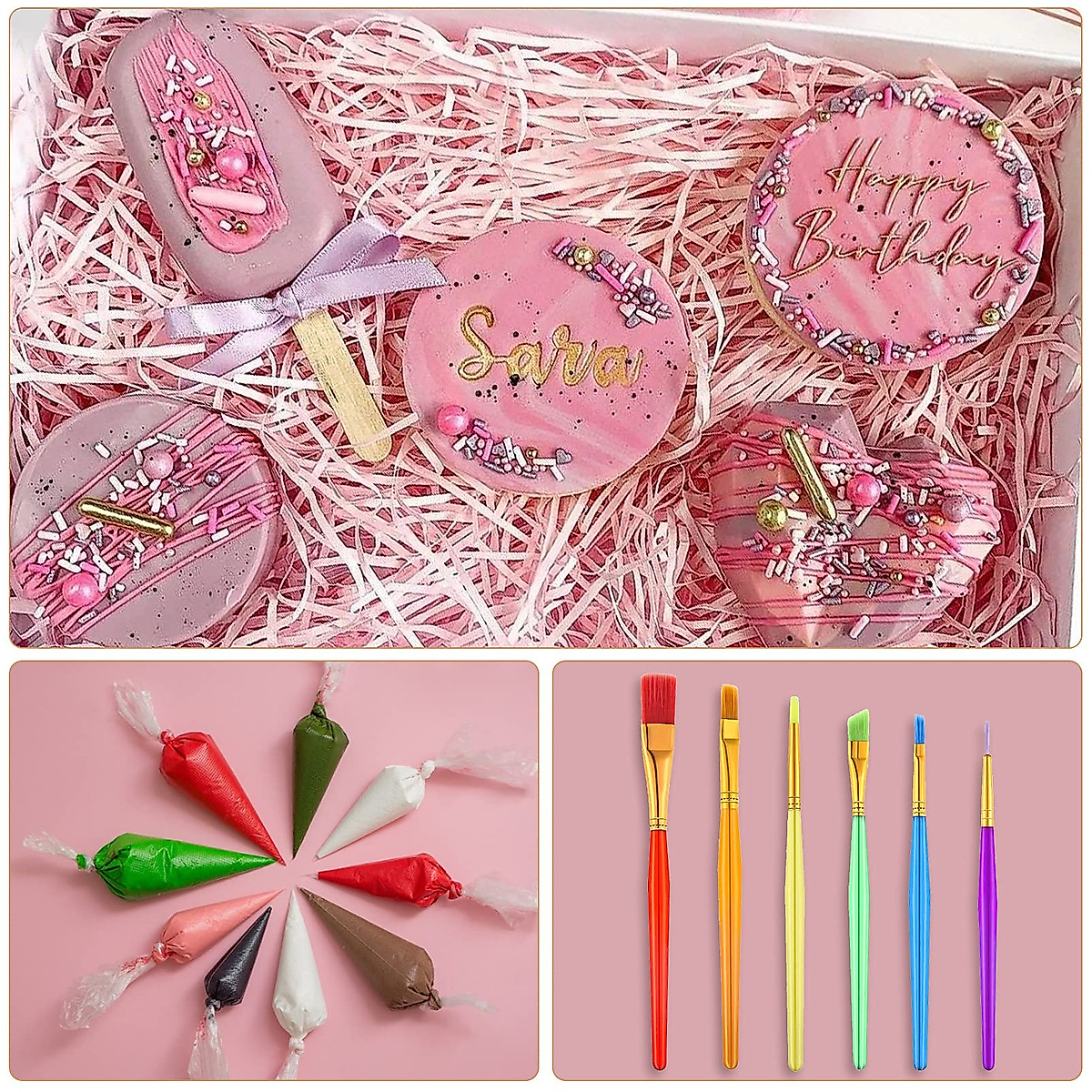 Qefuna Heart Shaped Chocolate Mold Set Includes Round Cylinder Candy Mold,Cavities Heart Mold,Piping bag,Wood Hammer,Chocolate Bomb Mold,Diamond Heart Mousse Cake Mold Tray