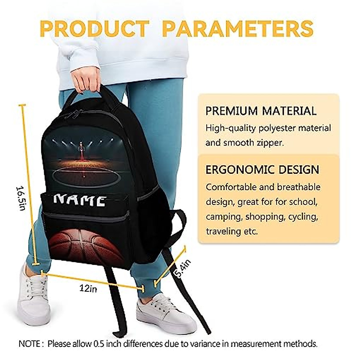 Mercuryelf Personalized Basketball Backpack for Boys Girls, 16 Inch Black Backpacks for School Travel, Cool Lightweight Bookbag for Kids