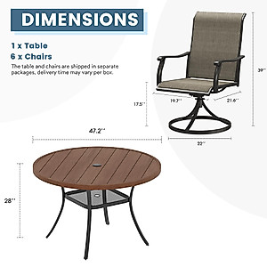 DIFY 7 PCS Patio Dining Set, Outdoor Dining Furniture Set with 47.2" Walnut Round Dining Table with Umbrella Hole & 6 Black Patio Swivel Curved Armrests Chairs for Yard, Garden, Porch, Lawn