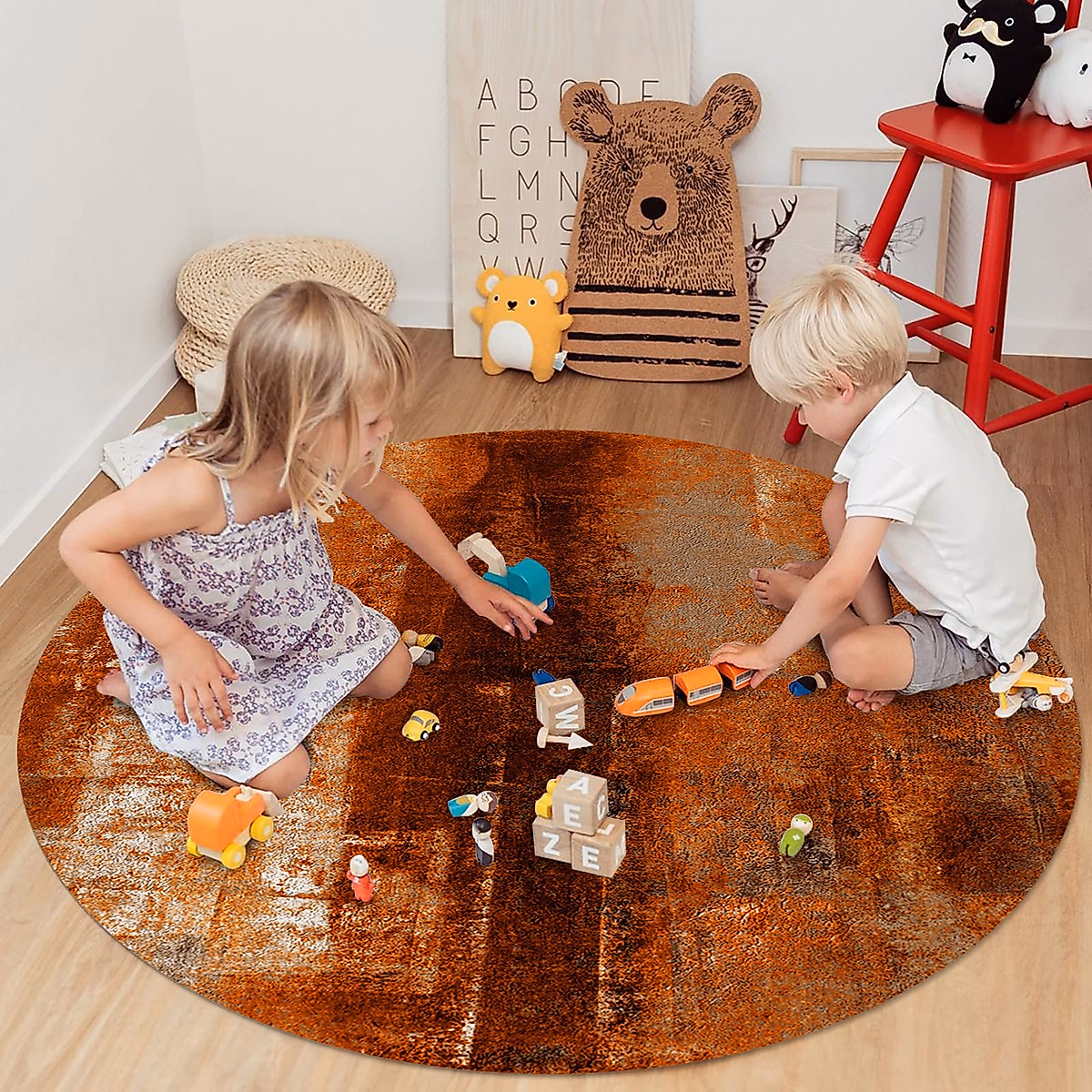 Round Area Rugs Collection 4 Ft, Burnt Orange Non-Slip Residential Carpet, Modern Abstract Geometric Art Oil Painted Indoor Crawling Mats Runner Rugs for Living Room/Dining Room/Bedroom