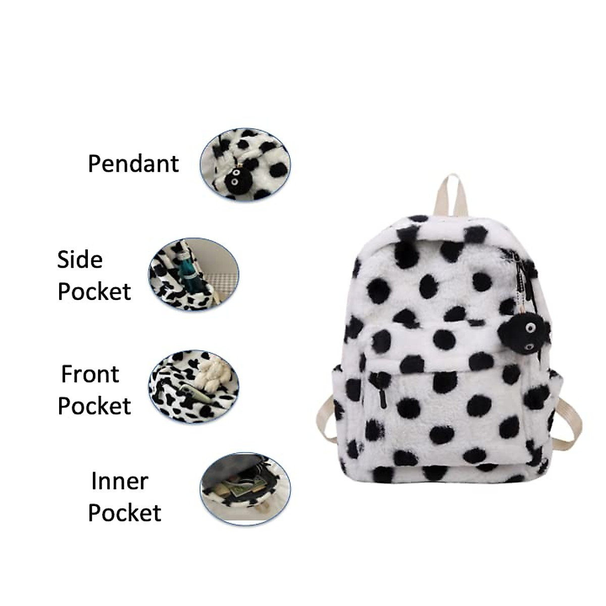 Fuvtory Kawaii Cute Aesthetic Fuzzy Fluffy Plush Sherpa Fleece Dot Backpack Rucksack Daypack School Teen Girls Children Women (pink)