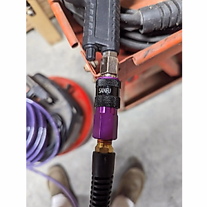 SANFU Polyurethane(PU) Air Hose 1/4-Inch x 100ft Reinforced, lightweight Anti-low temperature 300PSI with 1/4” Swivel Industrial Aluminum Quick Coupler and Plug, Bend Restrictor,Purple(100’)