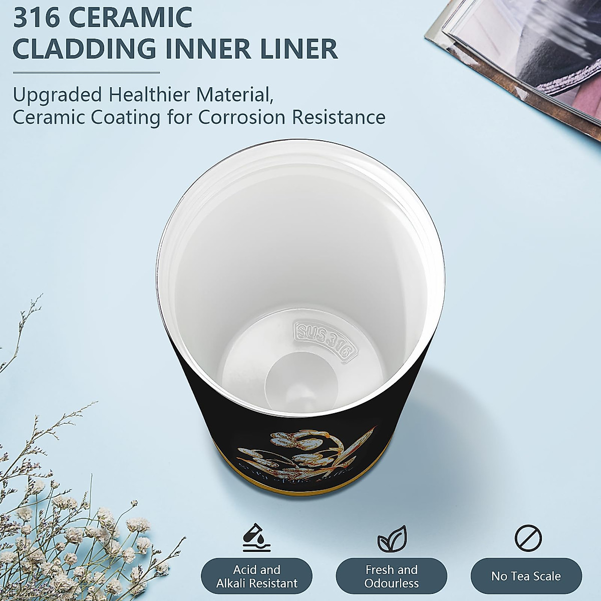 Simcat Coffee Tumblers 316 Ceramic-Lined Insulated Stainless Steel Travel Coffee Mug Leak Proof 17oz Coffee Tumblers with Lid and Straw for Keep Hot/Ice Coffee,Tea (Black)