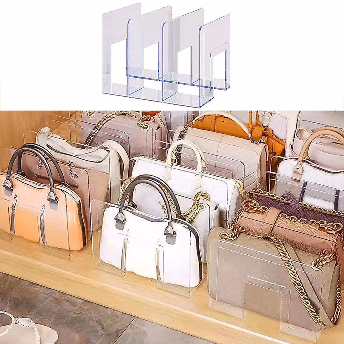 SUZEPER 2pcs Clear Plastic Purse Handbag Organizer, 3/4 Sections Bag Closet Shelf Divider, Purse Display Stand,Handbag Storage Organizer,Desk Book File Sorter Stand Holder(4 grids, Clear)