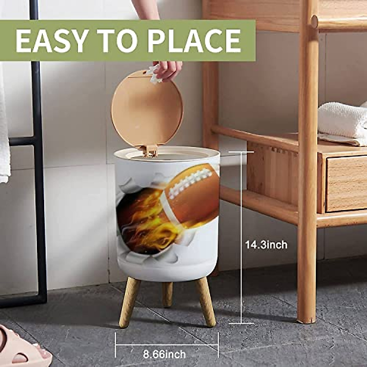 IBPNKFAZ89 Small Trash Can with Lid an of a Burning Flaming American Football Ball on fire Tearing a Hole Garbage Bin Wood Waste Bin Press Cover Round Wastebasket for Bathroom Bedroom Office Kitchen