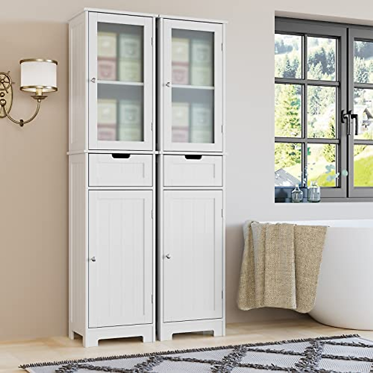 HORSTORS Bathroom Storage Cabinet with 2 Doors & 1 Drawer, Floor Freestanding Narrow Tall Cabinet with Adjustable Shelves for Living Room, Bedroom, White