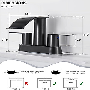 Waterfall Bathroom Sink Faucet 4 Inch Faucet 2 Handle Lead-Free Black, Bathroom Faucet with Water Supply Lines Pop Up Drain, 2 or 3 Holes Bathroom Basin Lavatory Mixer Tap with Deck Mount Plate
