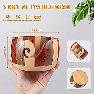 LucyPhy Wooden Yarn Bowl 6 x 3.1inch Handmade Craft Knitting Bowl Wool Storage Basket with Carved Holes & Drills for DIY Knitting Crocheting Accessories(Mixed Color)