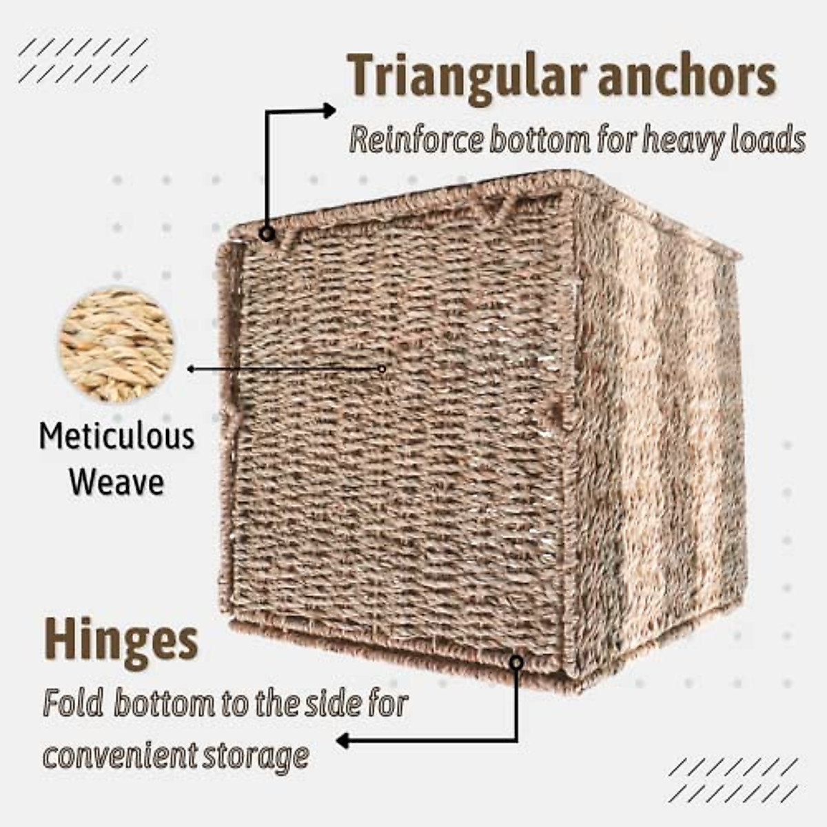 Foldable Hand-woven Wicker Cube Storage Bins, Collapsible Wicker Storage Cubes, Natural Palm Fiber & Seagrass Storage Baskets, Chi An Home Cubes Organizer with Handles, 4 Pack - 11.8" x 11.8" x 11.8"