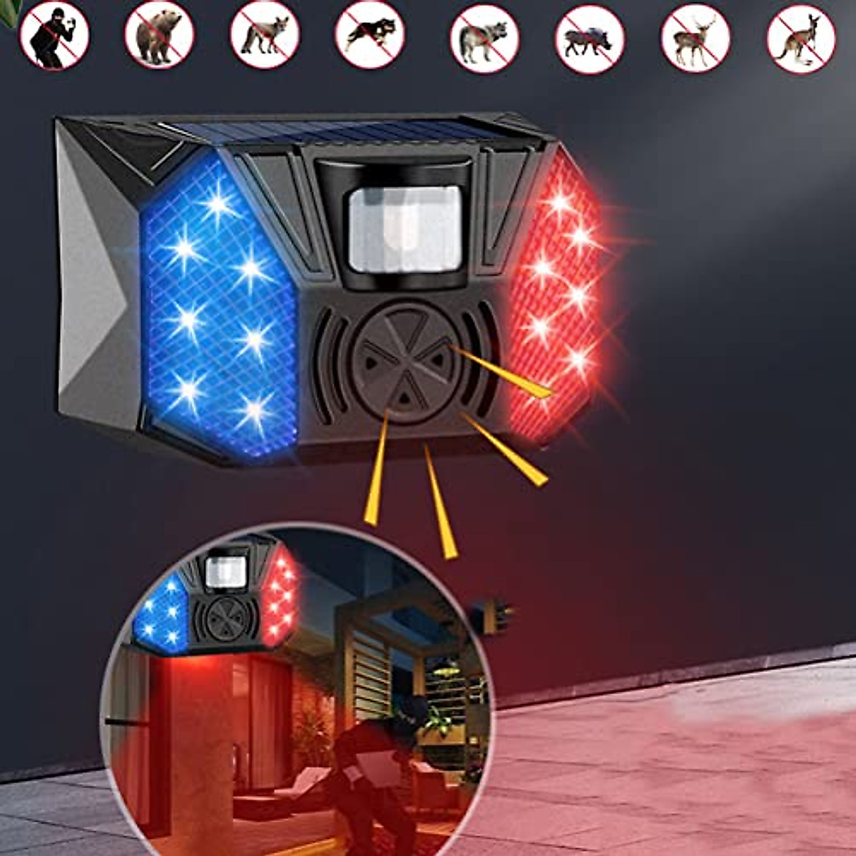 Aolyty Solar Warning Lights with Remote Control, Solar Strobe Alarm Light 120db Sound, 4 Modes Motion Sensor Security Siren Light Outdoor IP65 Waterproof for Home Barn Yard Orchard Farm Warehouse