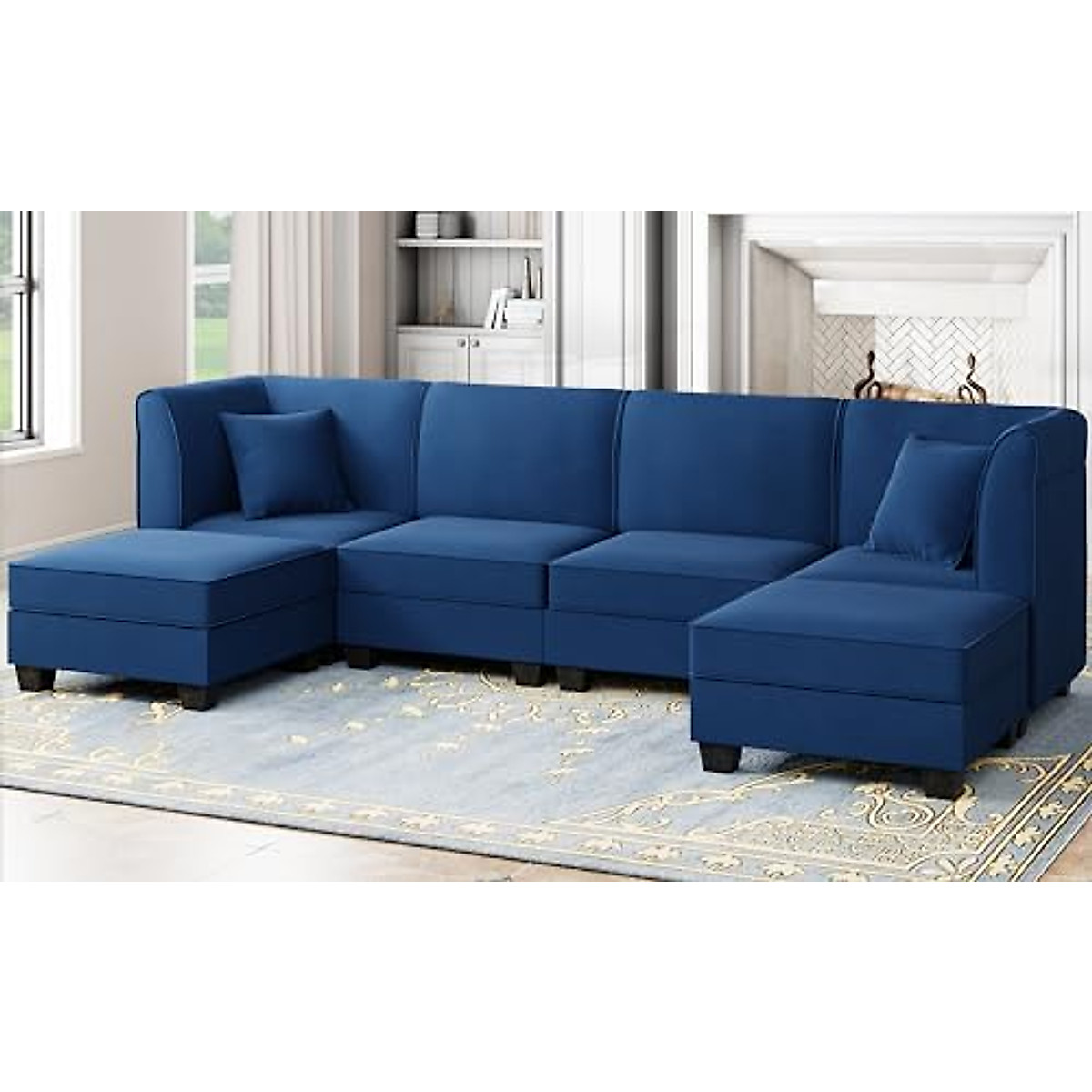 Shintenchi Reversible Modular Sectional Sofa Set, Convertible Oversized U Shaped Sofa Couch with Ottomans, Velvet Sleeper Couch with Chaise L Shaped Couches for Living Room Navy Blue