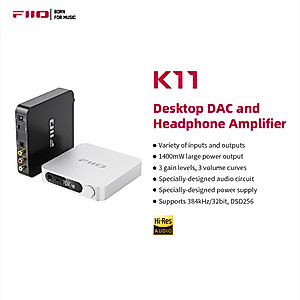 FiiO K11 DAC and Headphone Amplifier for Home Audio or PC, 6.35mm and Balanced 4.4mm, RCA, Coaxial, Optical, 1400mW, 384kHz/24Bit DSD256 (Silver)
