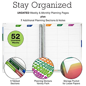 Elan Publishing Company Deluxe Undated Teacher Planner: 8.5x11 Includes 7 Periods, Page Tabs, Bookmark, Planning Stickers, Pocket Folder Daily Weekly Monthly Planner Yearly Agenda (Dark Blue Marble)