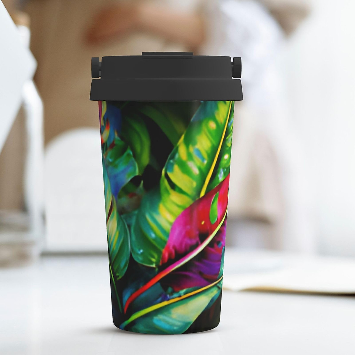 Insulated Coffee Mug Colorful Tropical Leaf 17oz Double Wall Vacuum Stainless Steel Tumbler With Leak-Proof Lid And Handle, Cute Travel Thermos Mug For Cold Hot Drinks