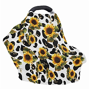 LedBack Novelty Cow Sunflower Print Stretchy Car Seat Cover for Babies,Nursing Cover Breastfeeding Cover,Soft Breathable Baby Carseat Canopy