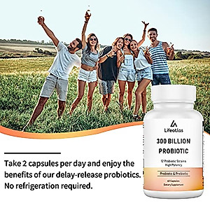 Lifeatlas 300 Billion CFU Probiotics - Probiotics for Women and Men - 12 Probiotic Strains Plus 3 Organic Prebiotic, Probiotics for Digestive Health, Gut & Immune Health, Gas & Bloating, 120 Capsules