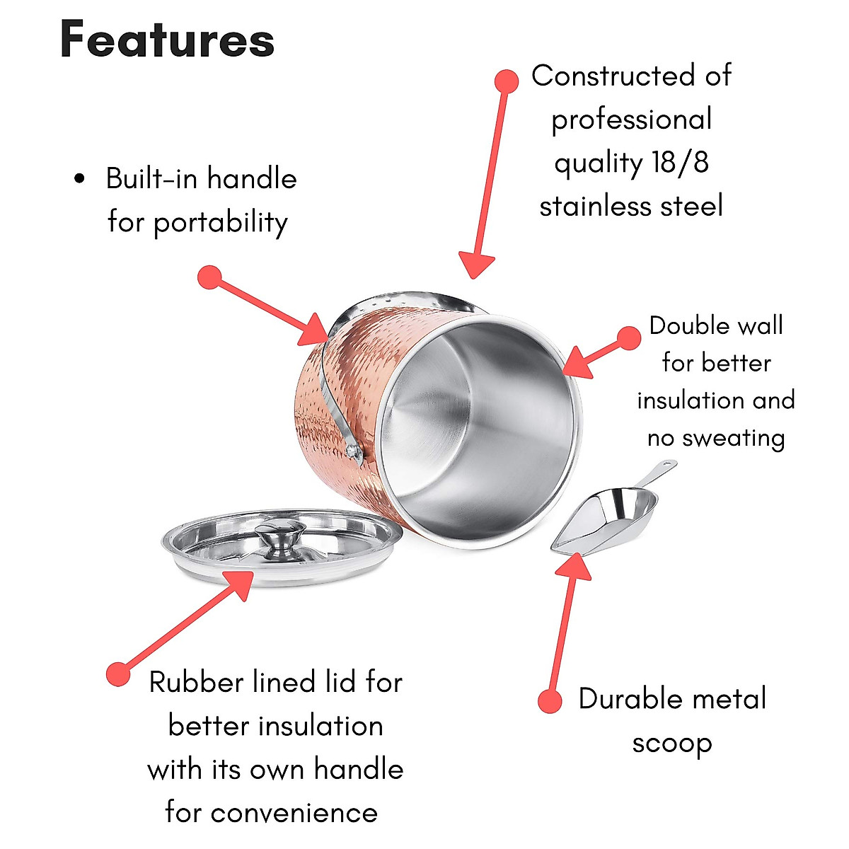 BirdRock Home Ice Bucket with Scoop & Lid - 2.8 Liter Hammered 18/8 Stainless Steel Container for Bar - Double Wall Insulated Bucket with Carrying Handle - Great for Parties - (Copper)