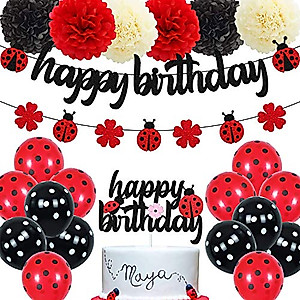 Ohiviaaa Ladybug Birthday Decorations Ladybird Happy Birthday Banner Ladybeetle Cake Topper Black Red Latex Balloon Pom Pom Flowers for Ladybug Theme Bday Party Supplies