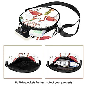 Tropical Christmas Flamingo Crossbody Bag for Women Teen Girls Round Canvas Shoulder Bag Purse Tote Handbag Bag