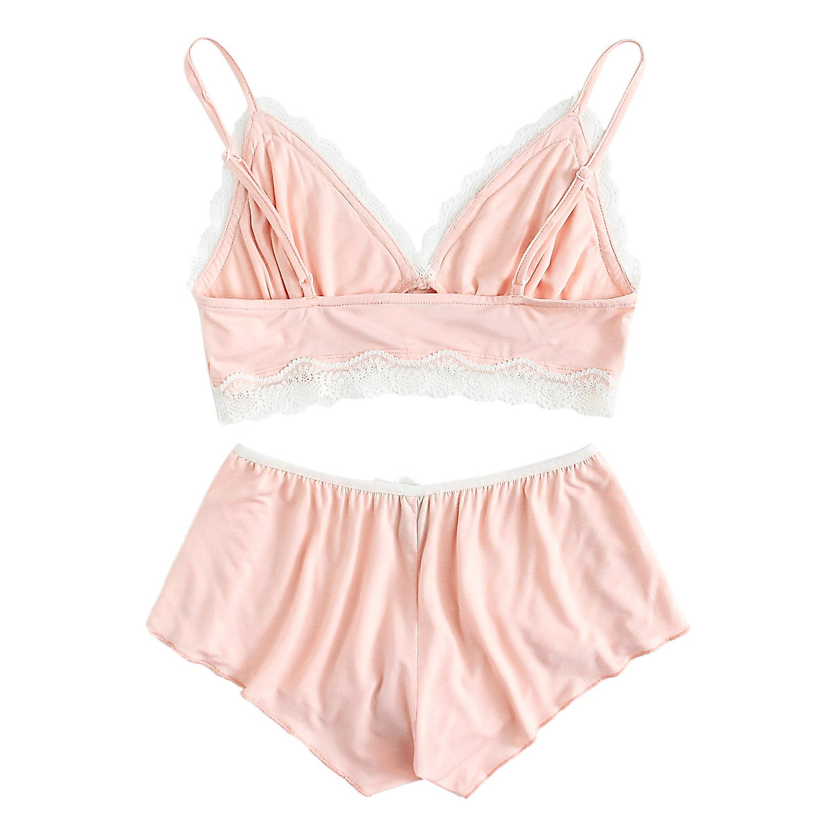 SweatyRocks Women's Lace Trim Underwear Lingerie Straps Bralette and Panty Set Lace Pink Medium