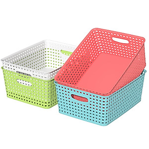 Ponpong Plastic Storage Baskets, plastic weave basket, 4 Packs