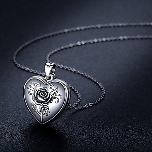 Cuoka Heart Rose Flower Locket Necklace 925 Sterling Silver Rose Pendant Necklace That Holds Pictures,Custom Photo Box Necklace Jewelry for Women Men