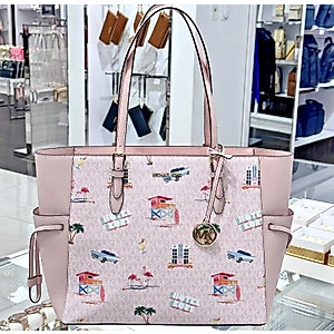 Michael Kors Gilly Large Drawstring Tote Light Powder Blush Pink MK Signature Miami Beach Palm Trees Flamingos 35S3G2GT7V