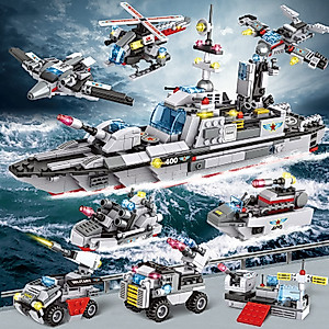 City War Aircraft Carrier Building Blocks Set, 8 in1 Military Battleship Model Brick Toy Kit with Helicopter, Aircraft, Boat, Creative Warship STEM Toys Gift for Kids Boys Girls 6+ (785 Pieces)