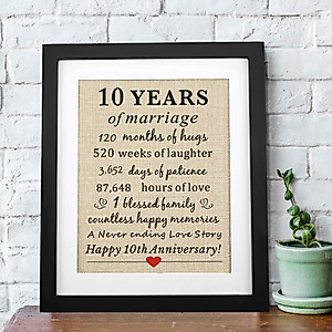 Corfara Framed 10th Wedding Anniversary Burlap Gift 11" W X 13" H, Couples 10th Anniversary 10 Years of Marriage Gift for Wife 10th Wedding Anniversary Keepsake Gift for Husband Wife Him Her