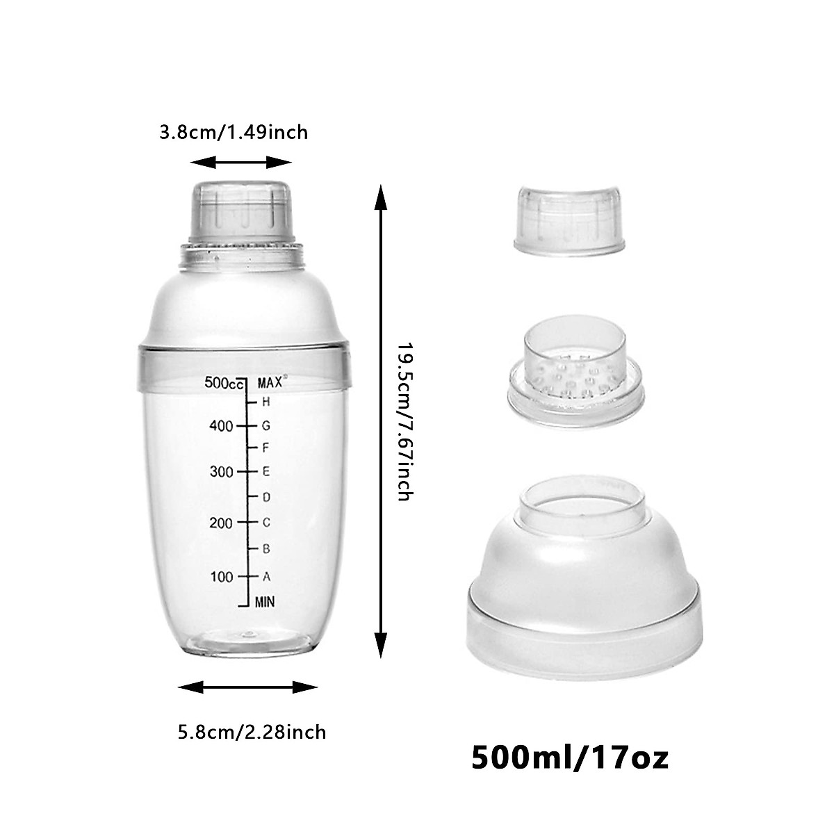 FEOOWV Upgraded Four-stage Plastic Cocktail Shaker, Hand Drink Mixer, Boba Tea Shaker Cup with Scales, Bar Tool Transparent (1, 17oz)