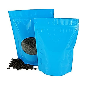 QQ Studio 50 Empty Coffee Packaging Bags with Degassing Valve, 4 oz and 7 oz Glossy Zipper Seal Bags with Round Window for Roasted Coffee Bean Storage (Blue, 4oz)