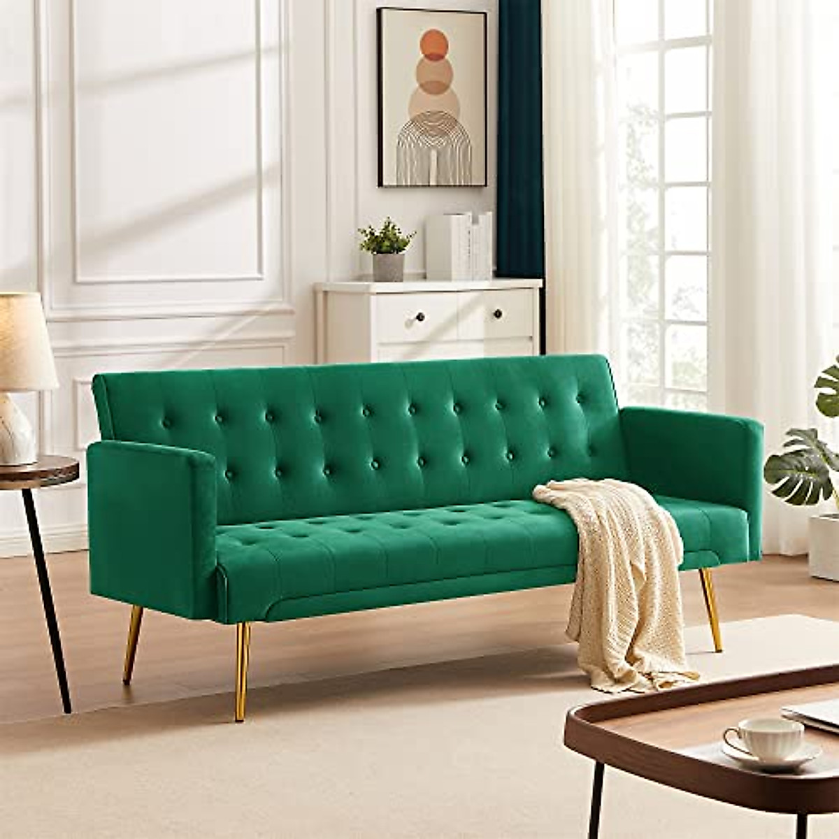 ERYE Futon Sofa Loveseat Convertible Sleeper Couch Bed for Small Space Apartment Office Living Room Furniture Sets Sofabed, Green Velvet 70.07" W NO Pillow