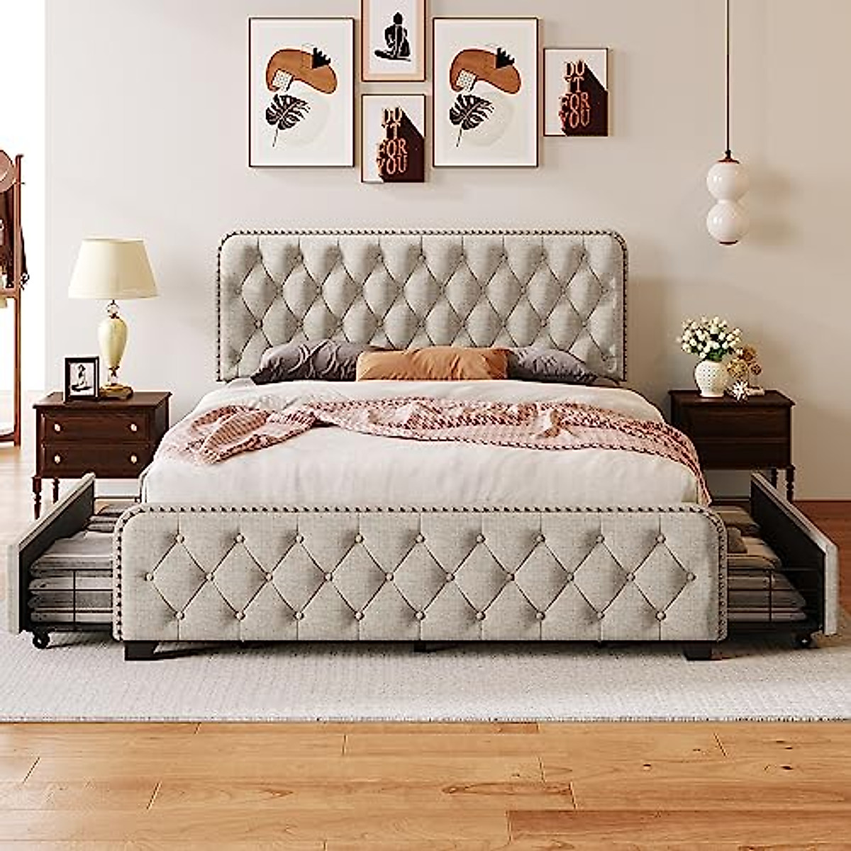 Livavege Queen Size Bed Frame with 4 Storage Drawers on Wheels & Button Tufted Headboard and Footboard, Modern Upholstered Platform Bed w/Steel Slats Support, Metal Queen Bedframe No Box Spring Needed