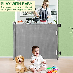Retractable Baby Gate, Extra Wide Safety Kids or Pets Gate, 33” Tall, Extends to 71” Wide, Mesh Safety Dog Gate for Stairs, Indoor, Outdoor, Doorways, Hallways(33”x71”- Grey)