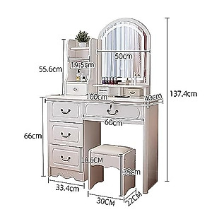 XIGOUZIQU Farmhouse Makeup Vanity Desk with Sliding Mirror and Lights, Tabletop Vanity Table with 5 Drawers & Shelves, Dressing Table Vanity Set for Bedroom, Stool Included (Color : Right)
