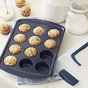 Wilton Diamond-Infused Non-Stick Navy Blue Muffin and Cupcake Pan with Cover, 12-Cup, Steel