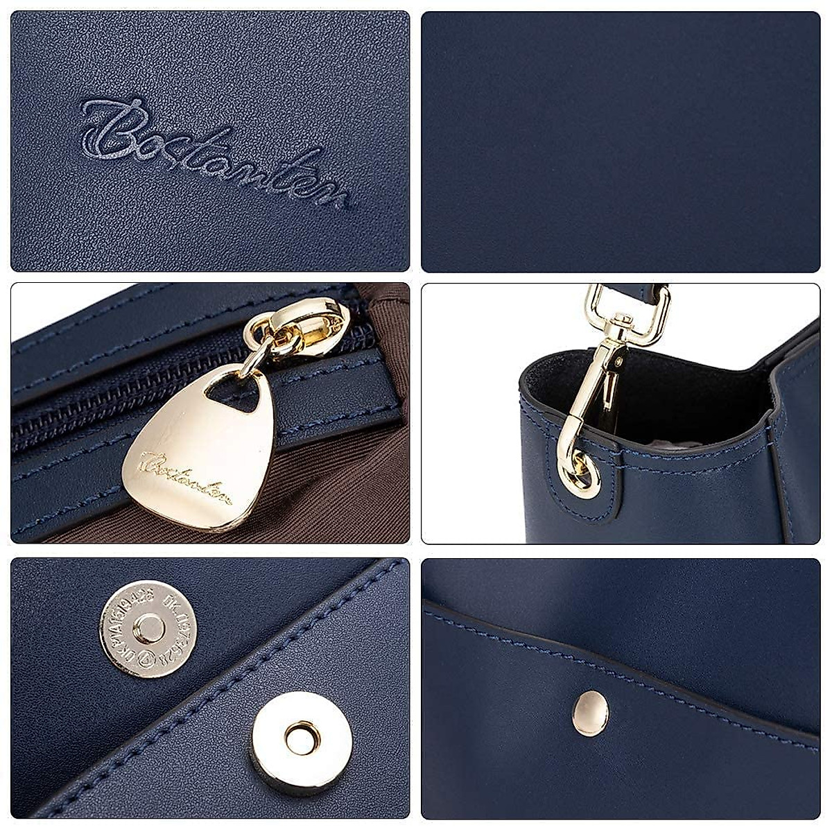 BOSTANTEN Women's Leather Designer Handbags Tote Purses Shoulder Bucket Bag Navy Blue Bundle with Leather Wallets for Women RFID Blocking Zipper Pocket Small Bifold Wallet Card Case