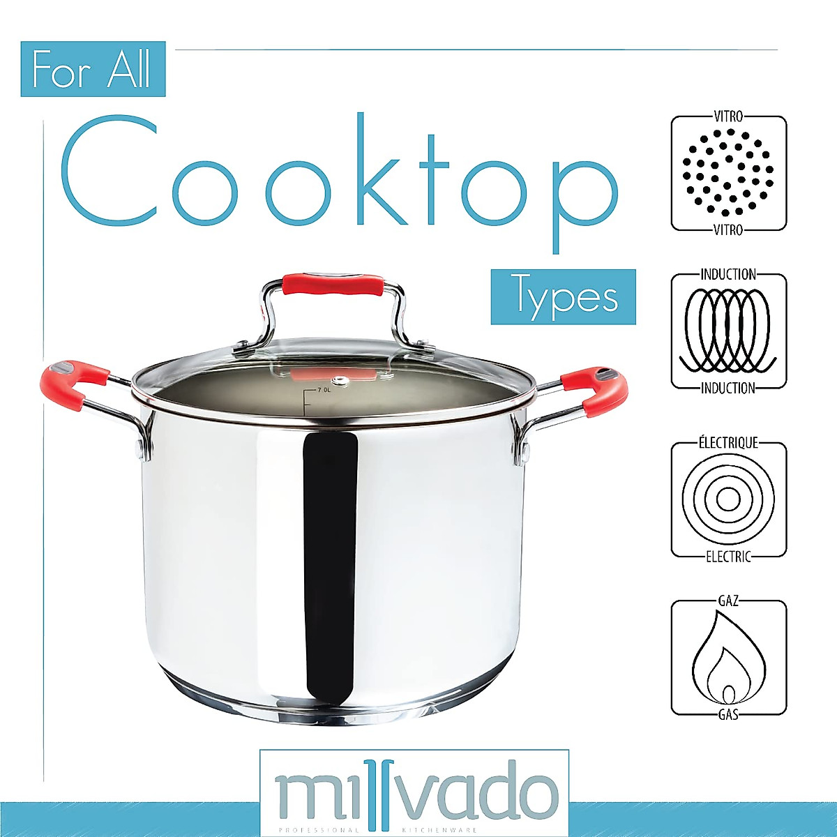 Millvado Stock Pot, 6 Quart Stainless Steel Pot, StockPot With Clear Glass Lid, Steam Hole, Permanent Measurement Markings, Gas, Electric and Induction Compatible Boiling Pot