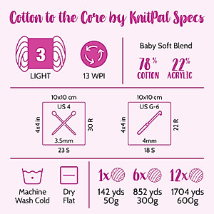 Cotton to The Core Cotton Yarn for Crocheting, 6 Skeins, 852Yds/300G, Free Patterns - Soft Baby Yarn for Knitting - 3 DK Light Worsted Weight - Lilac Blue