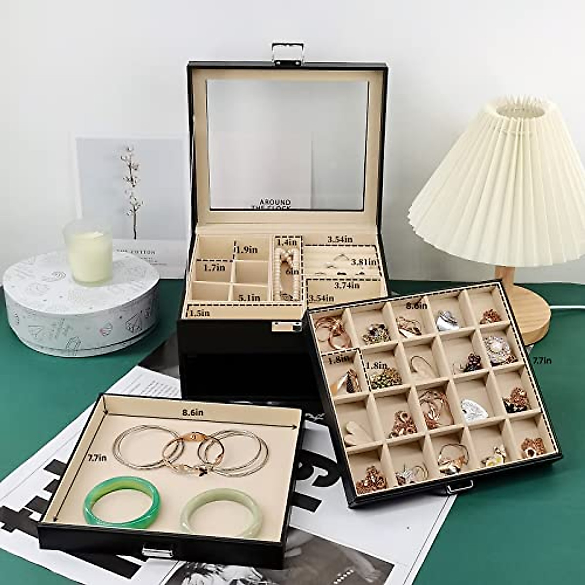 BOOVO Clear Lid Jewelry Box,3 Layers Jewelry Organizer Large Multi-Functional Jewelry Storage Box with 2 Drawers,Jewelry Display Case of Rings Earrings Necklace Bracelets for Women Girls (Black)