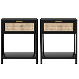 Anmytek Black Nightstand Set of 2, Mid-Century Modern End Table with Storage Drawer and Open Shelf, Boho Rattan Bedside Table, Small Side Table for Bedroom, Dorm