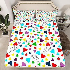 jejeloiu Kids Heart Love Sheet Set King Size Geometric Love Pattern Bed Sheets Set Romantic Sheets with Deep Pocket Fitted Sheet Valentine's Day Colorful Bedding Set with 2 Pillow Case