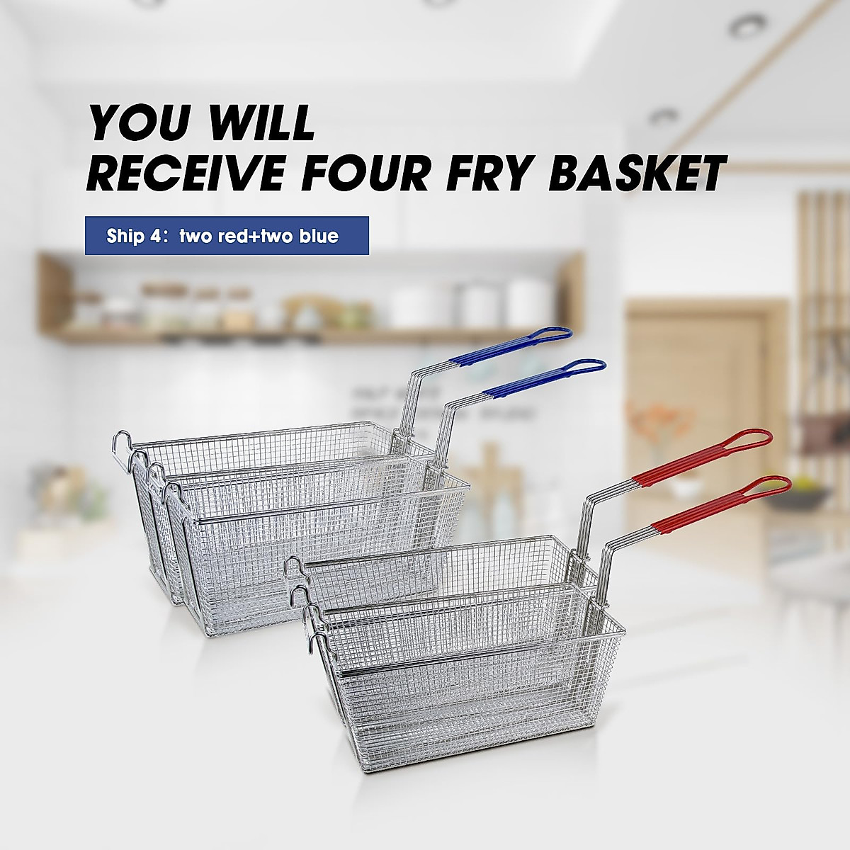 Clivia's 4PCS Commercial Fryer Basket 13X6.5X6 Inch Stainless Steel Deep Fryer Basket With Non Slip Long Handle for Frying Kitchen Restaurant Home Commercial Use