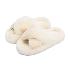 Chantomoo Women's Cross Slippers Memory Foam House Bedroom Slippers for Women Fuzzy Plush Comfy Faux Fur Lined Slide Shoes Anti-Skid Sole Trendy Gift Slippers Beige Size 9 10 8.5