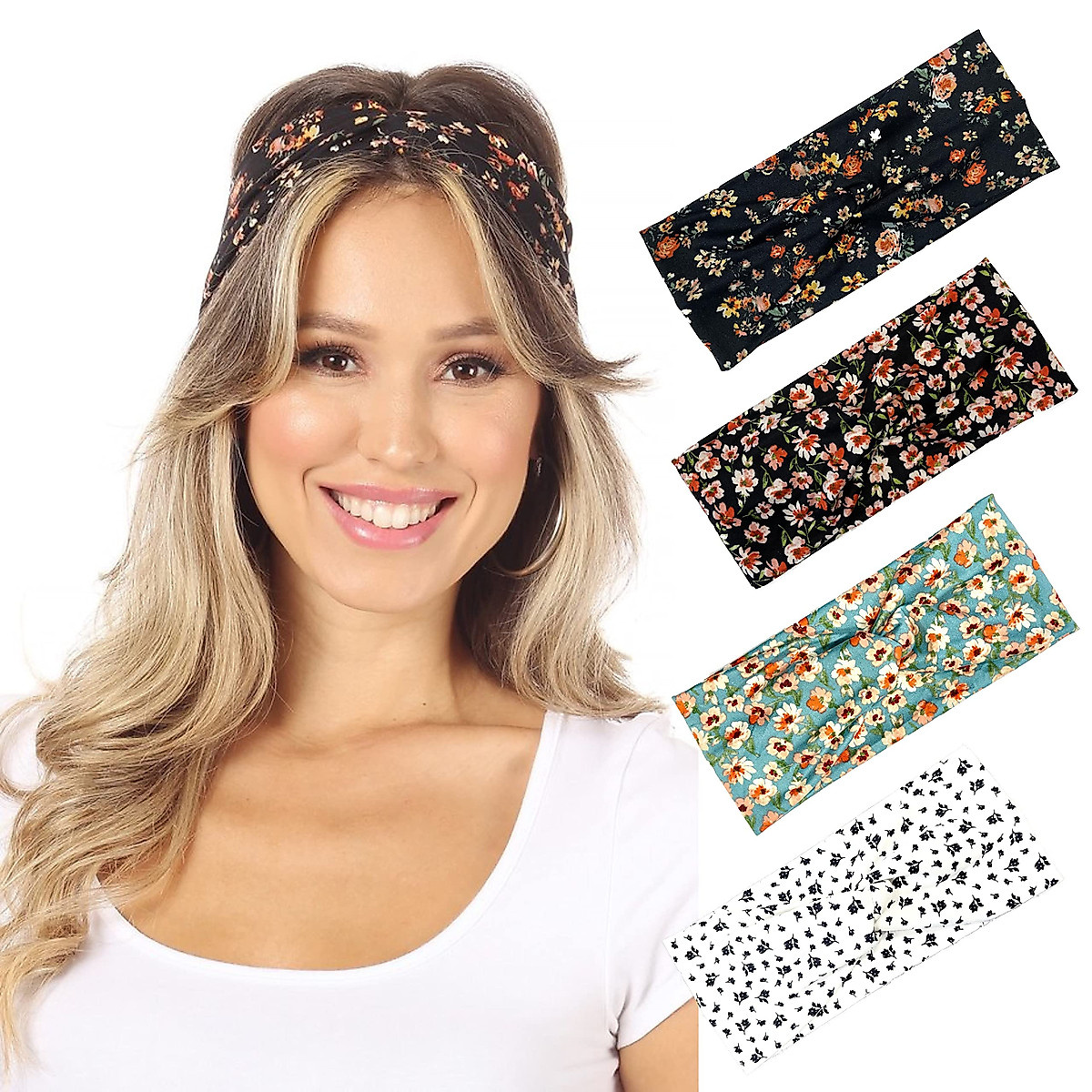 SWEETKIE Twist Front Headbands - Cute Head Wraps Perfect for Yoga, Workouts, Daywear, Happy Hour - Fashion Accessory for Women, Girls, Teens - 4 Floral Patterns