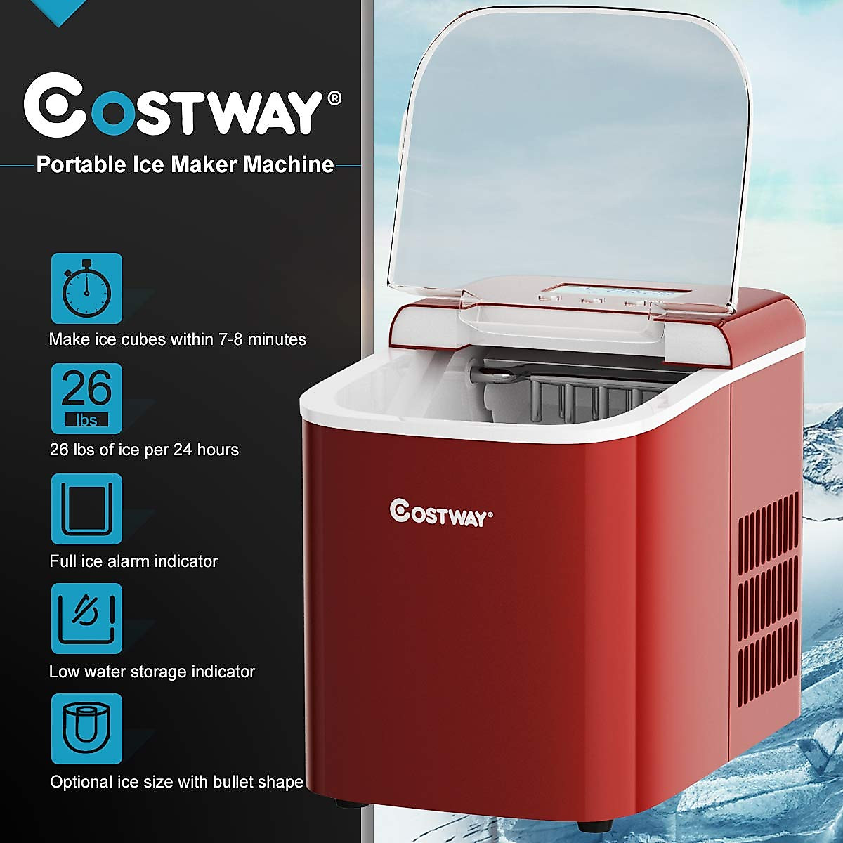 COSTWAY Countertop Ice Maker, 26LBS/24H with Self-Clean Function, LCD Display, 9 Bullet Ice / 7 Mins, Portable and Compact Ice Machine with Ice Scoop, for Homes, Offices, Restaurants, Bars, Red