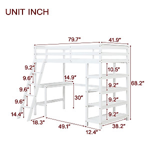 Bellemave Twin Loft Bed with Desk & Shelves for Teens Adults, Wood High Loft Bed Frame with Bookcase & Angle Ladder for Kids Boys Girls, Full-Length Guardrail, Twin Size, White