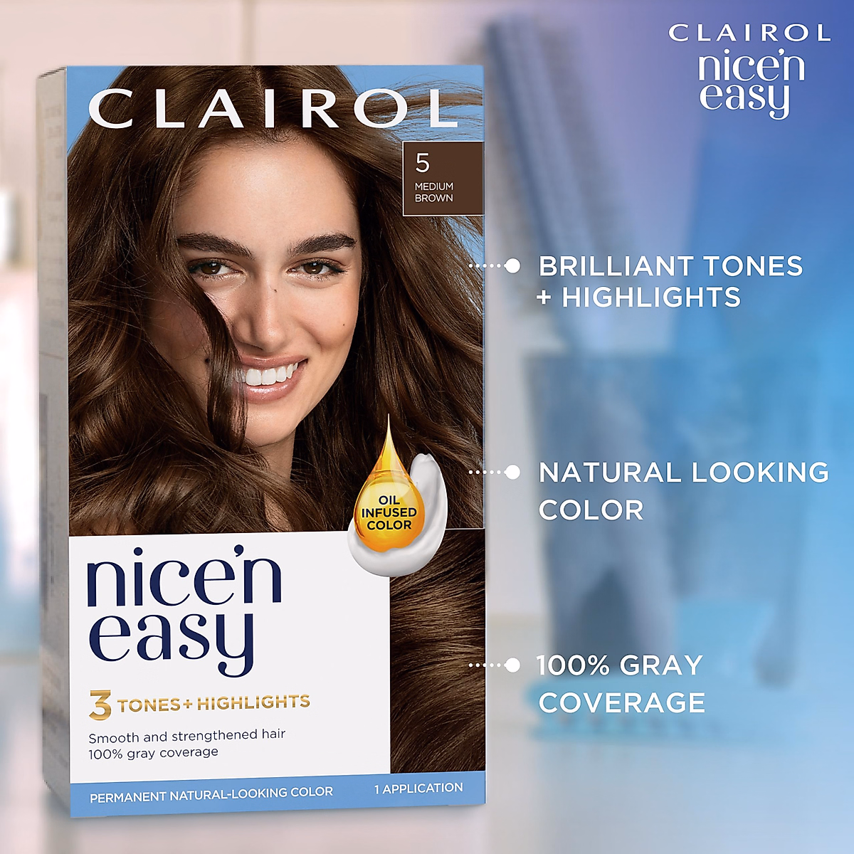 Clairol Nice'n Easy Permanent Hair Dye, 5RB Medium Reddish Brown Hair Color, Pack of 1